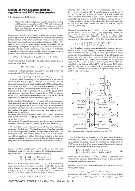 Pdf Modulo M Multiplication Addition Algorithms And Fpga Implementation