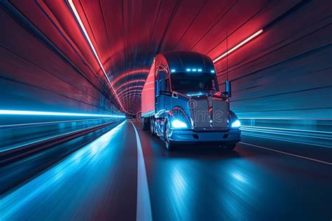 Speeding Semi Truck Emerges From Tunnel Symbolizing Efficient Transportation Stock Illustration