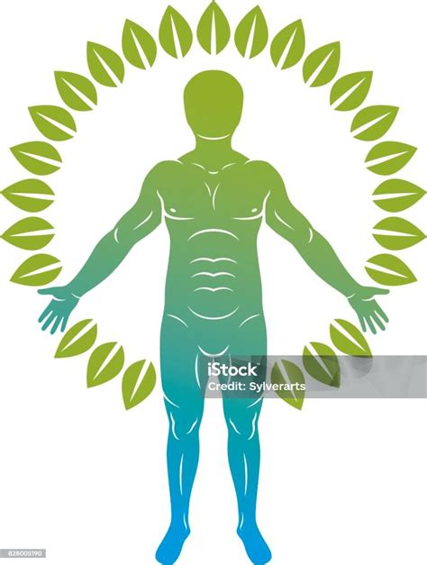 흰색 바탕에 서 고 녹색 잎을 사용 하 여 만든 강한 남성 바디 실루엣의 벡터 그래픽 그림 에코 친화적인 생활 인간과 자연 조화 개념 개념에 대한 스톡 벡터 아트 및 기타