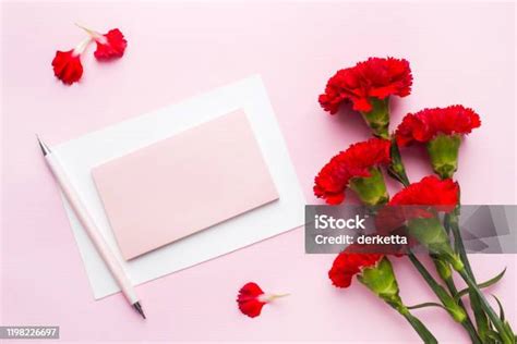 빨간색 분홍색 개체입니다 파스텔 핑크 배경에 텍스트 차 카네이션 꽃 메모장 한 잔 공간을 복사합니다 상단 보기 플랫 레이 0명에 대한 스톡 사진 및 기타 이미지 Istock