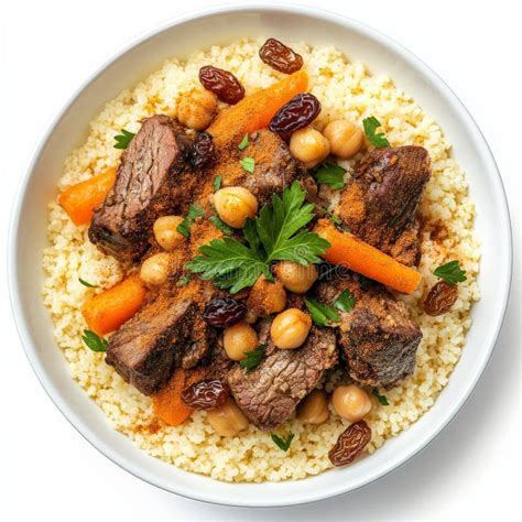 A Bowl Of Moroccan Couscous Topped With Slow Cooked Lamb Chickpeas