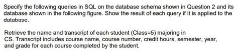 Solved Specify The Following Queries In Sql On The Database