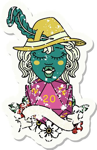 복고풍 문신 스타일 노래 반 오크 음유 시인 캐릭터와 자연 20 주사위 롤 굴리기에 대한 스톡 벡터 아트 및 기타 이미지 굴리기 깃털 도깨비 Istock