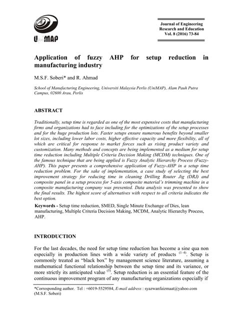 Pdf Application Of Fuzzy Ahp For Setup Reduction In Manufacturing Industry