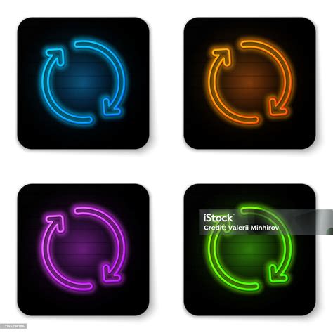 빛나는 네온 새로 고침 아이콘 흰색 배경에 고립입니다 기호 다시 로드 동그라미 기호에 있는 회전 화살표 검은색 사각형 단추입니다