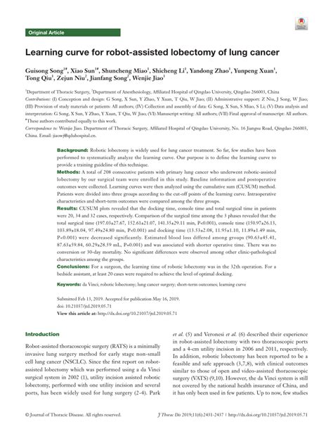 Pdf Learning Curve For Robot Assisted Lobectomy Of Lung Cancer