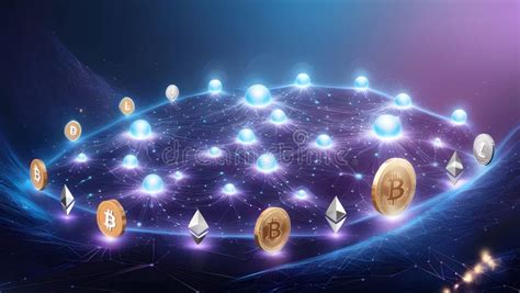 a glowing blockchain network concept with interconnected nodes and digital currency symbols