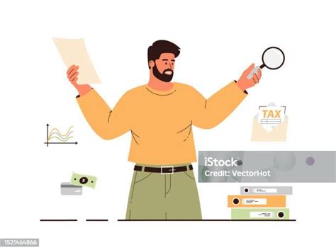 세무 감사 계산 보고서 재무 컨설턴트 또는 문서 작업 고문은 세금 보고서를 준비합니다 회계 개념입니다 만화 플랫 벡터 그림입니다