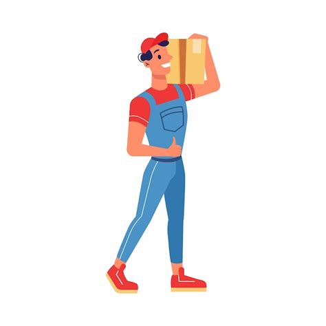 손에 소포 상자와 제복을 입은 택배 프리미엄 벡터
