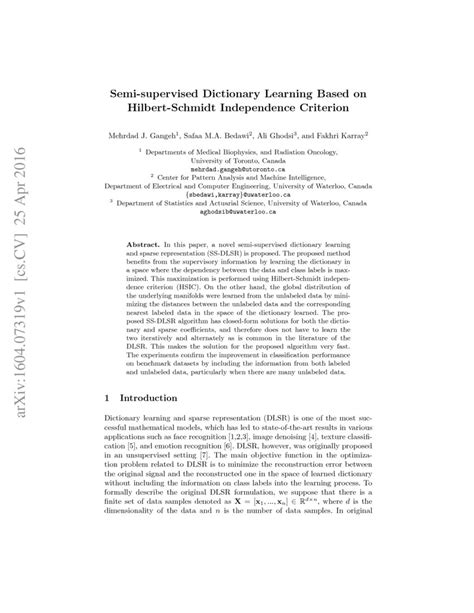 Semi Supervised Dictionary Learning Based On Hilbert Schmidt Independence Criterion Deepai