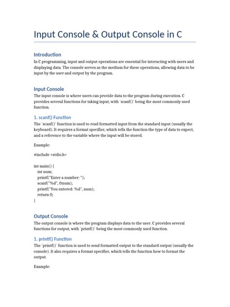 Input And Output Console In C Pdf