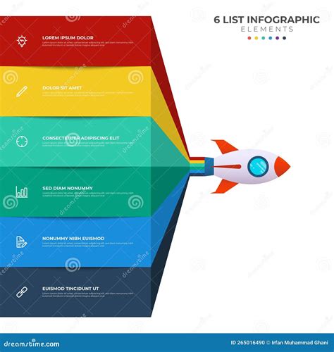 List Diagram With 6 Points Of Steps Sequence Colorful Rocket Launch Startup Infographic