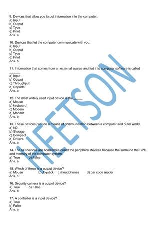 Computer Input And Output Device MCQ Question PDF Computer Peripherals Computing