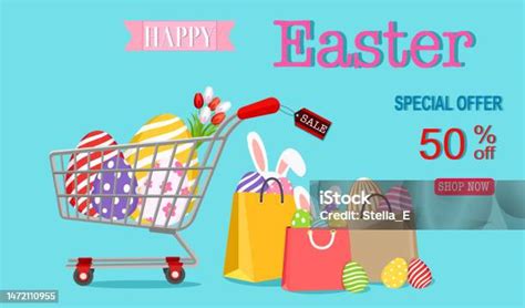 부활절 판매 배너 벡터 삽화 다채로운 파스텔 달걀과 튤립 꽃이 파란색 배경에 쇼핑백에 토끼 토끼 귀를 들고 카트에 있습니다 상점 시장 쇼핑몰 포스터 홍보 부활절 휴일 구매