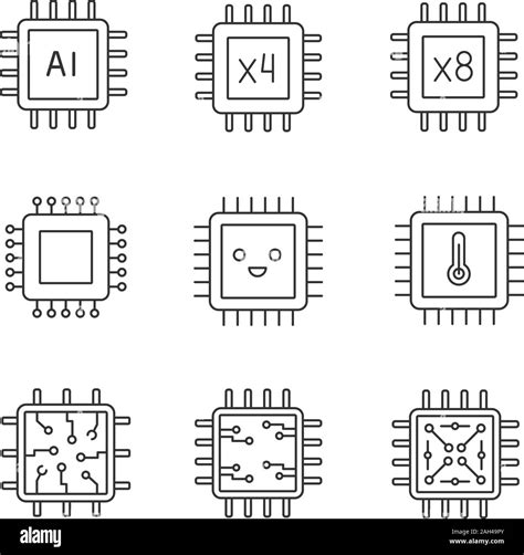 Processors Linear Icons Set Ai Chip Quad Octa Core Processors