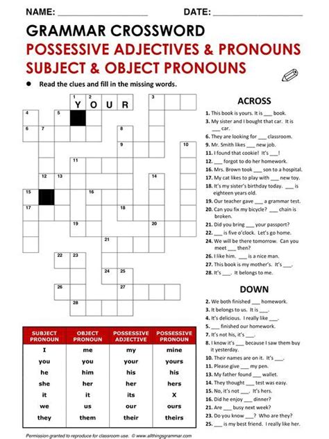 English Pronouns Grammar Crossword Puzzle English Grammar Possessive