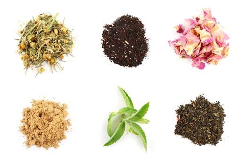 Varios Tipos De Té De Hierbas Y Hierbas Aisladas En Blanco Foto Premium
