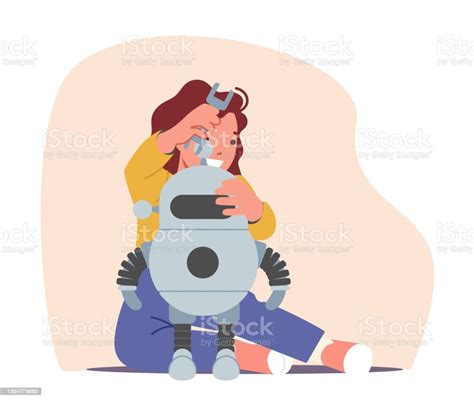 과학 수업을 즐기는 어린이 캐릭터 엔지니어링 프로젝트 만들기 수업 또는 워크샵에서 스마트 로봇 프로그래밍 로봇에 대한 스톡 벡터