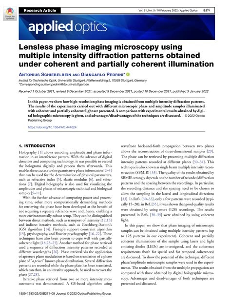 Lensless Phase Imaging Microscopy Using Multiple Intensity Diffraction Patterns Obtained Under