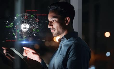 Premium Photo Cyber Security Hacker Man And Tablet With Hologram And Safety Lock Icon For