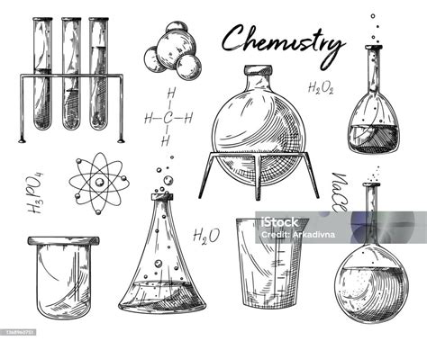 다른 제약 플라스크 비커 및 테스트 튜브 세트 화학 실험실 개체의 스케치 발견 및 화학 기호 화학 과학에 대한 스톡 벡터 아트 및 기타 이미지 Istock