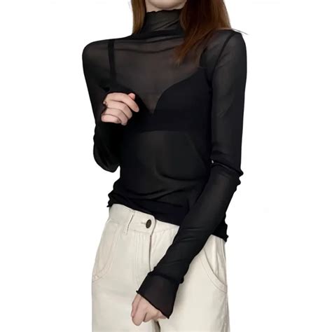 Manjiamei Women Sheer Mesh Tops See Through Long Sleeves Shirt Ladies