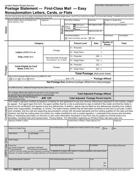 Ps Form 3600 Ez Postage Statement First Class Mail Easy