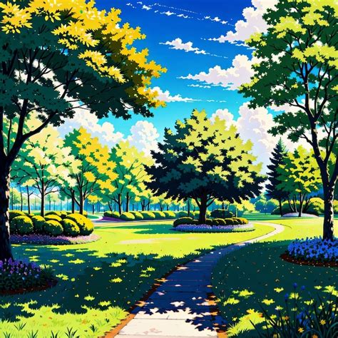 Premium AI Image A Painting Of A Path In A Park With Trees And A Blue Sky