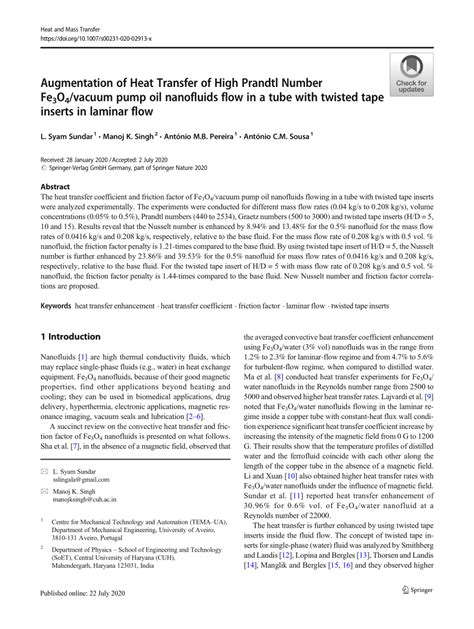 Pdf Augmentation Of Heat Transfer Of High Prandtl Number Fe3o4vacuum