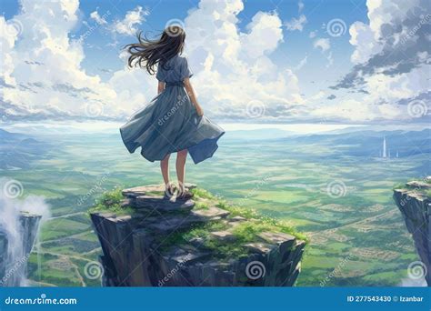 Confident Anime Girl Standing Tall On The Edge Of A Liff With The Wind