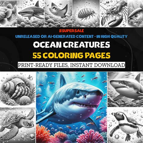 55 Ocean Creature Coloring Pages Grayscale Coloring Book Coloring