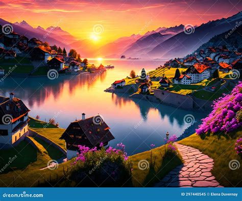 Switzerland Landscape Generative Ai Stock Illustration Illustration Of Panoramic Alpine