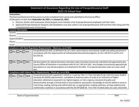 2023 New Jersey Statement Of Assurance Regarding The Use Of Paraprofessional Staff Fill Out