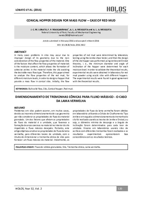 Pdf Conical Hopper Design For Mass Flow Case Of Red Mud André