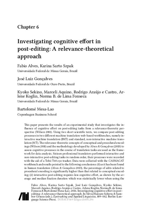 Pdf Investigating Cognitive Effort In Post Editing A Relevance Theoretical Approach