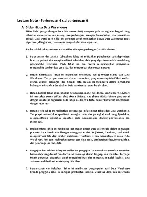 Lecture Note Data Warehouse Pertemuan 4 Sampai 6 Pdf