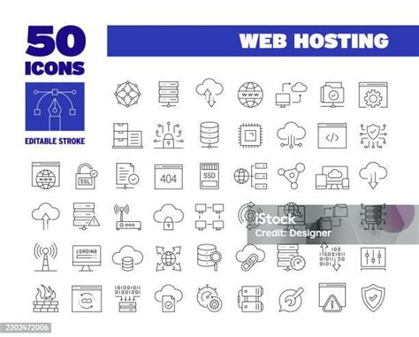 간단한 웹 호스팅 라인 아이콘 세트 데이터베이스 인터넷 기술 컴퓨터 네트워크 서버 편집 가능한 스트로크 50 라인 아이콘 에 대한 스톡 벡터 아트 및 기타 이미지