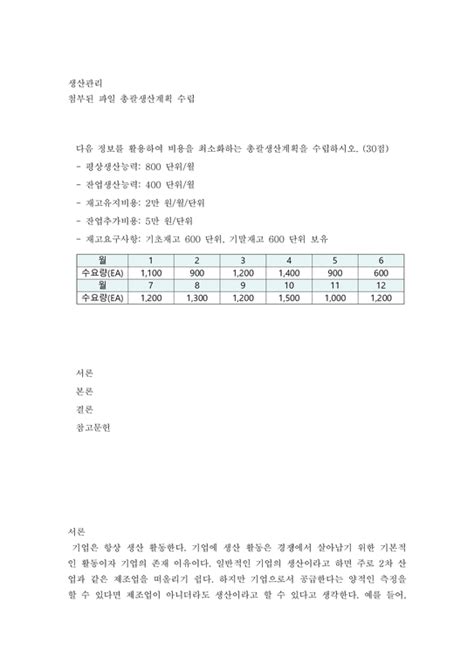 생산관리 비용을 최소화하는 총괄생산계획을 수립 인문교육