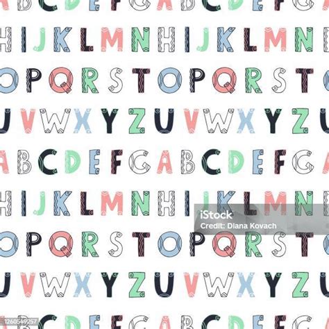 손으로 그린 매끄러운 패턴 Abc 라틴어 알파벳 귀여운 영어 타이포그래피 글꼴 스칸디나비아 스타일의 문자 다채로운 낙서 스케치