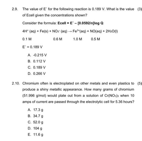Solved 2 9 The Value Of E∘ For The Following Reaction Is