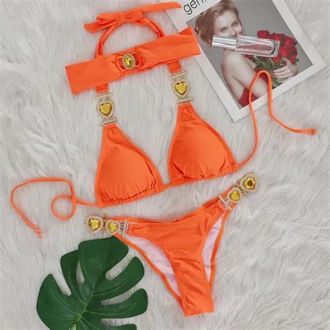 2023 Luxury Heart Diamond Tao Piece Bikini Strap Solid Color Swimsuit