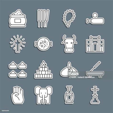 세트 라인 물 담뱃대 향기로운 스파 스틱 델리의 인디아 게이트 묵주 구슬 종교 치킨 티카 마살라 기독교 십자가 인도 향신료 및 암소 아이콘 벡터 게이트에 대한 스톡 벡터