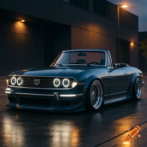 A Dark Teal Classic Convertible Car With A Full Body Kit Low
