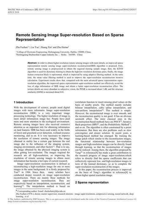 Pdf Remote Sensing Image Super Resolution Based On Sparse Representation
