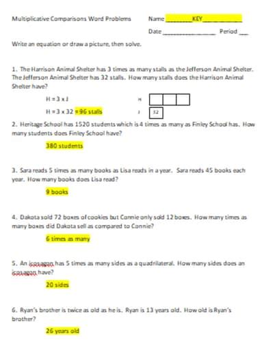 Multiplicative Comparisons Word Problems Practice Sheet Tpt