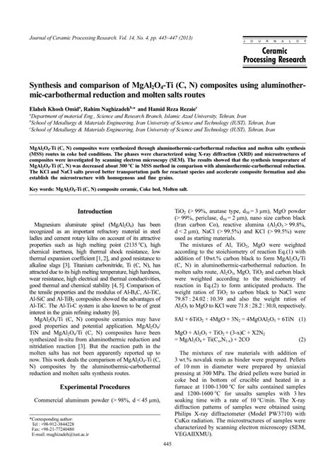 Pdf Synthesis And Comparison Of Mgal2o4 Ti C N Composites Using Aluminother Mic