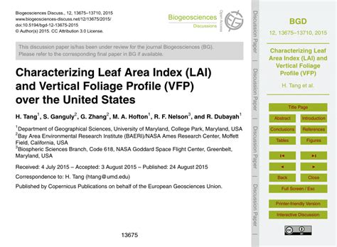 Pdf Characterizing Leaf Area Index Lai And Vertical Foliage Profile Vfp Over The United States
