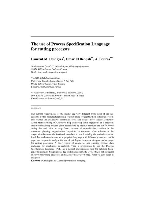 Pdf The Use Of Process Specification Language For Cutting Processes
