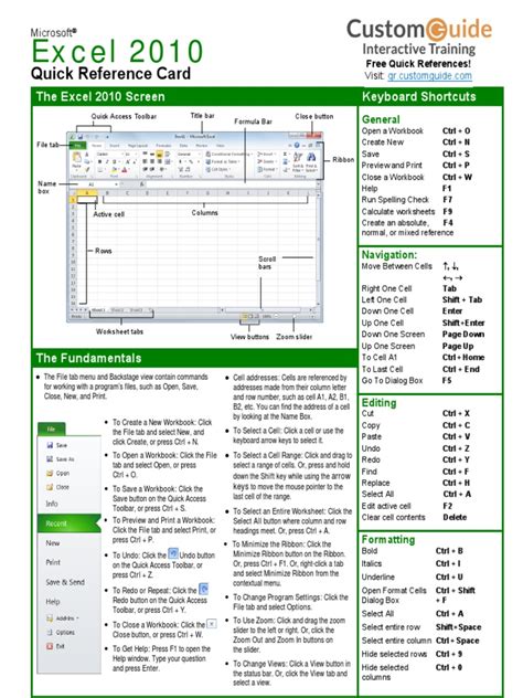 excel 2010 quick reference pdf tab gui control key