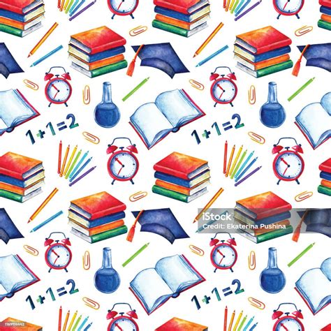 수채화의 원활한 학교 패턴 책 교과서 색 흰색 배경에 연필 섬유 종이 배경 화면 포장 배너 엽서 초대장 직물을위한 디자인 배경